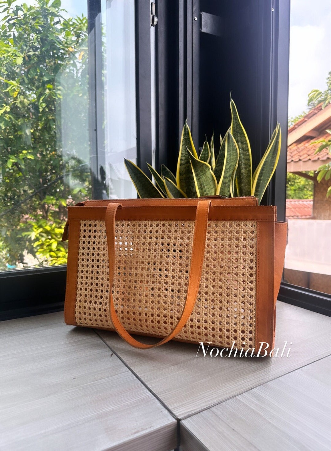 Leather Rattan Tote Bag, Laptop Bag, Summer Rattan Tote, Large Vacation ...