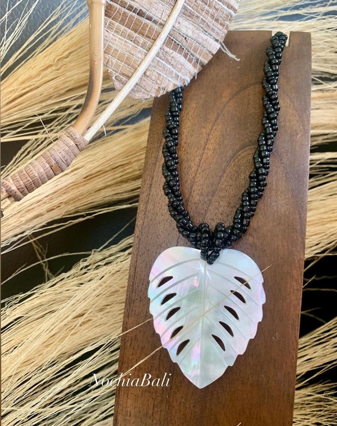 Leaf Shaped Necklace, Mother of Pearl Necklace, Handmade Pendant, Boho ...