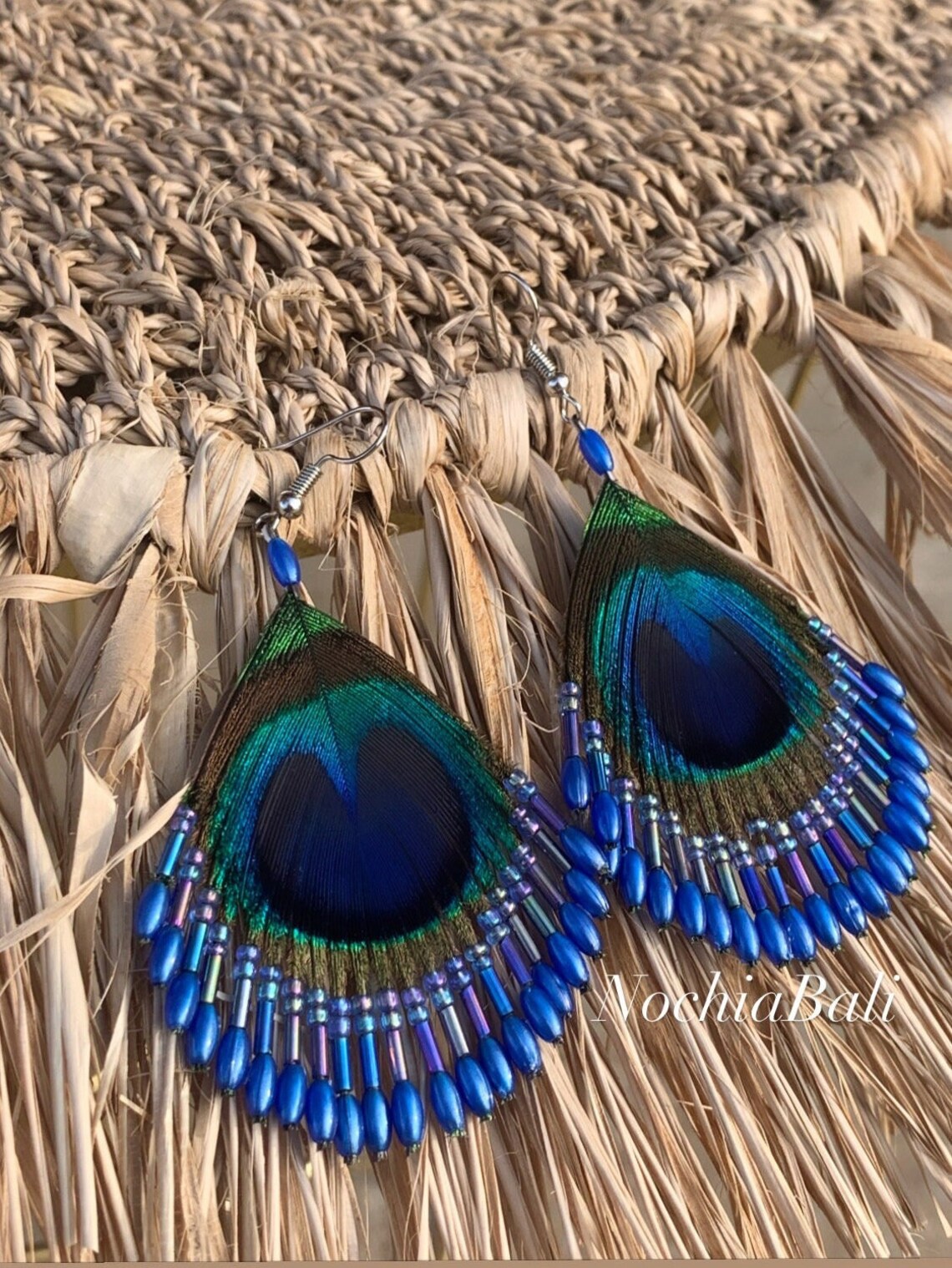 Blue Peacock Feather Earring Peacock Feather Jewelry Boho Etsy