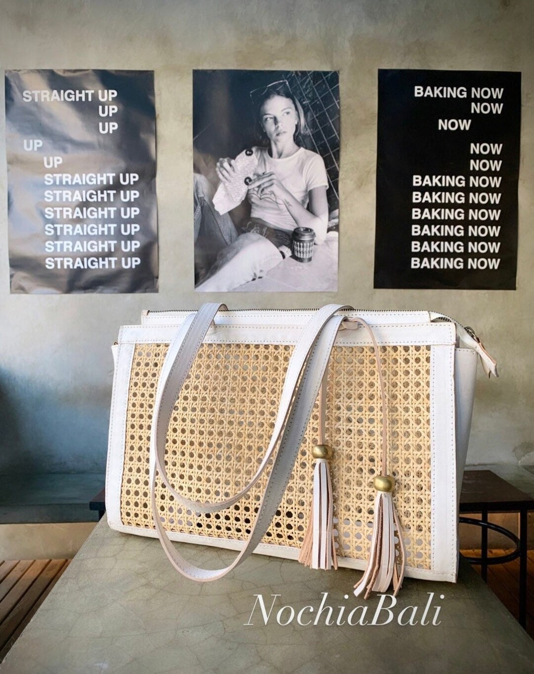 Leather Rattan Tote Bag, Laptop Bag, Summer Rattan Tote, Large Vacation ...