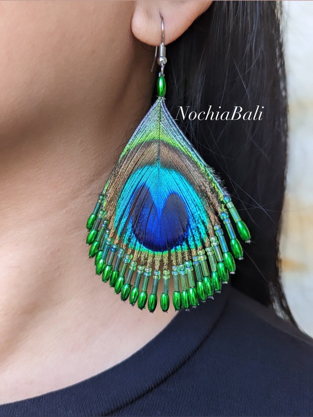 Peacock Feathers Earring, Green Beads Feather Earring, Handmade ...