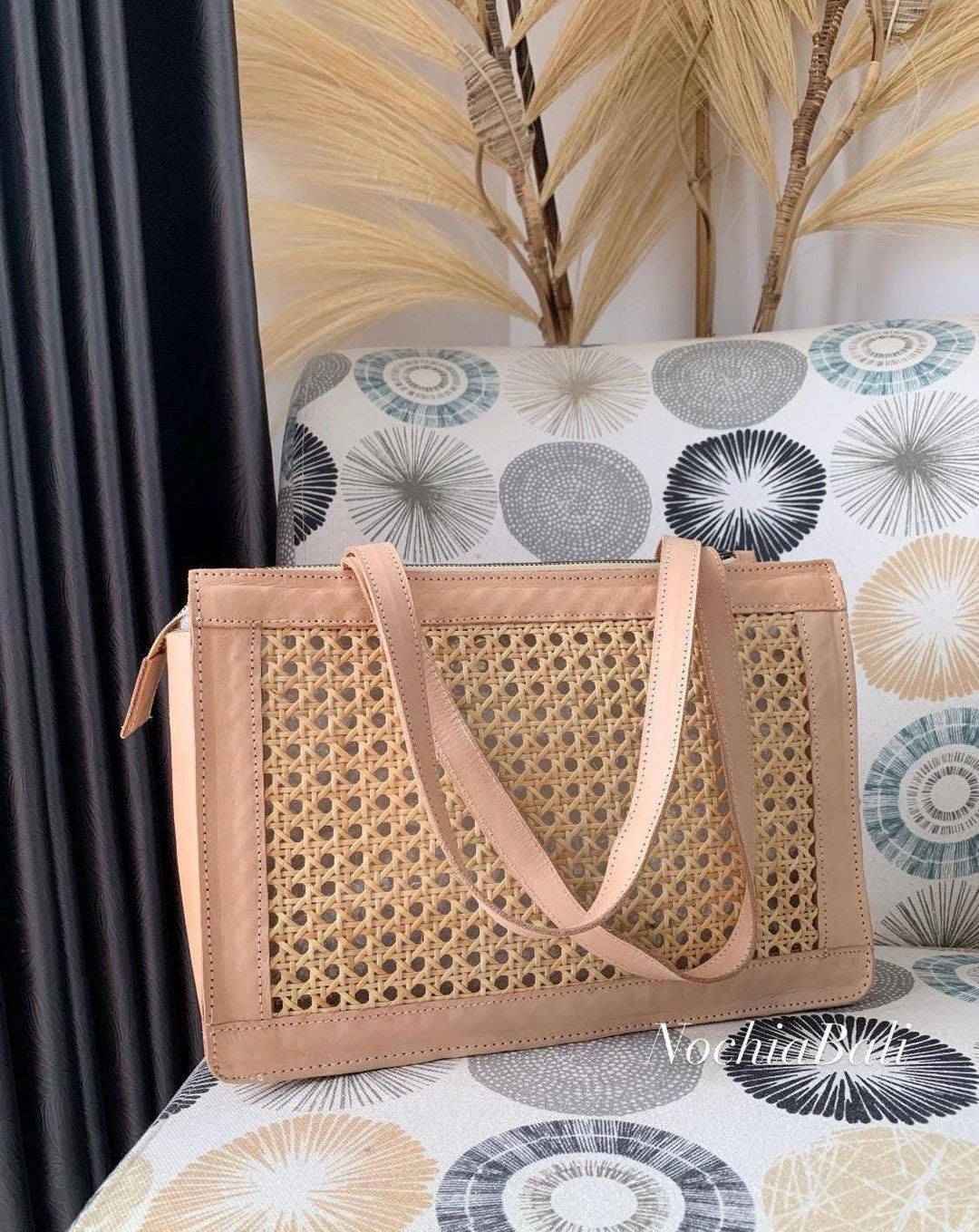 Leather Rattan Bag, Cane Webbing Tote Bag, Wicker Rattan Handbag ...