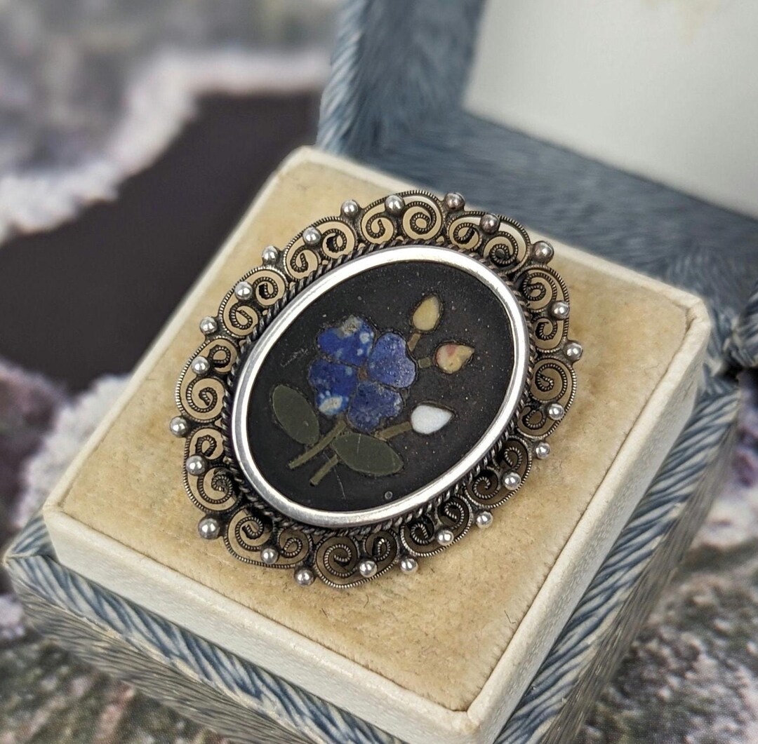 Antique Silver Petra Dura Brooch - Gemstone Inlay Filigree Work Pin ...