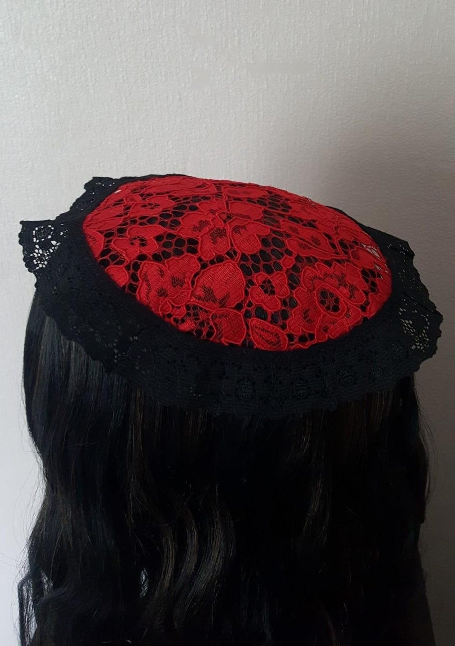 Red and Black Vintage Christian Lace Chapel Cap| Lace Doily Head ...