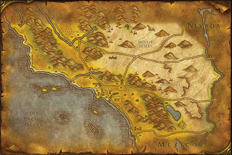 California (socal) - World of Warcraft Style Map - Etsy