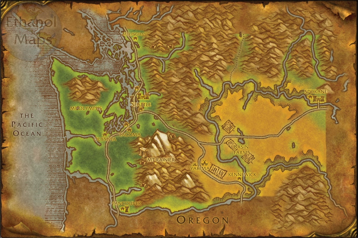 Washington - World of Warcraft Style Map - Etsy