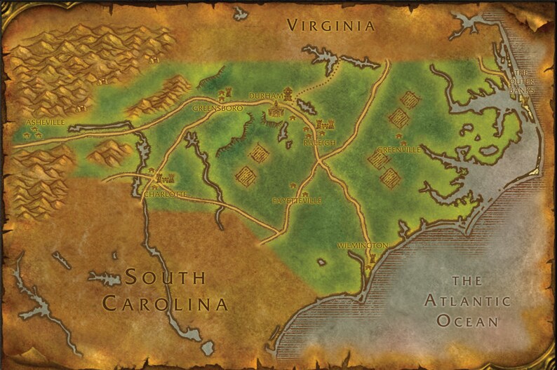 North Carolina - World of Warcraft Style Map Print - Etsy