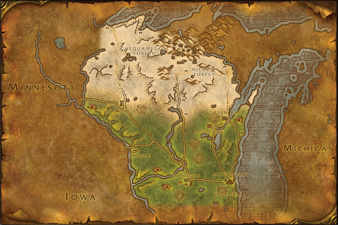 Wisconsin - World of Warcraft Style Map - Etsy