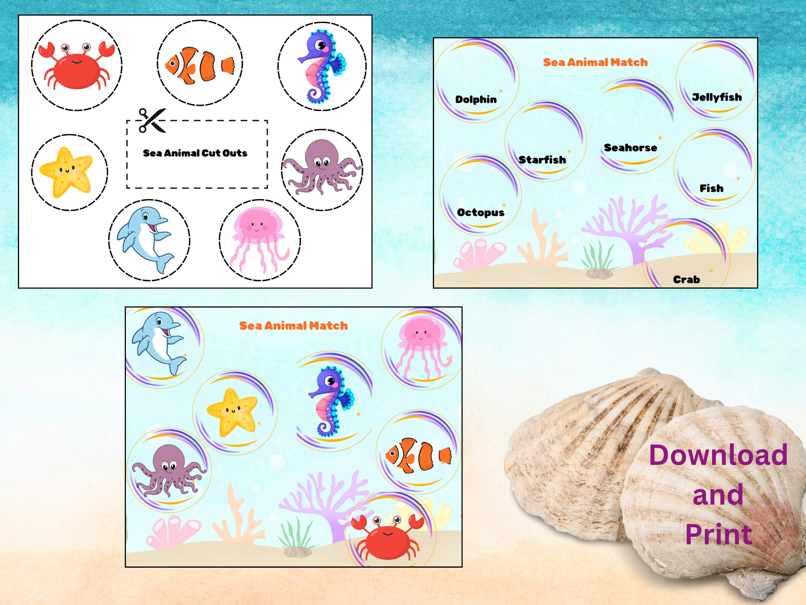Printable Sea / Ocean Animal Match Activity for Preschool and ...