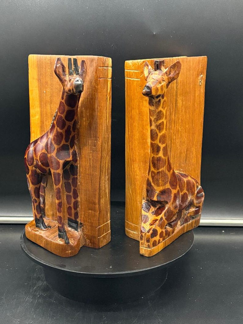 Vintage Hand Carved Heavy Hand Carved Wooden Giraffe Bookends Sculpture ...