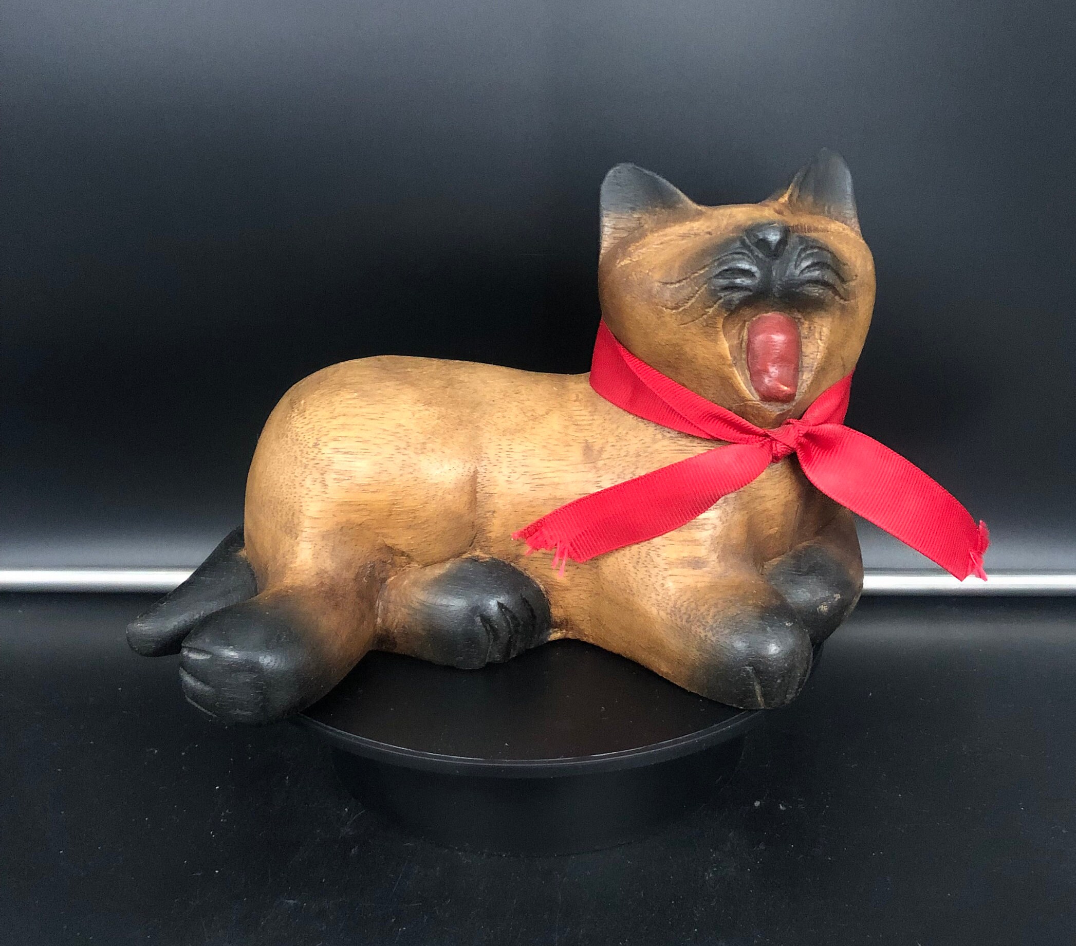 Vintage Large Hand Carved Heavy Wooden Yawning/reclining Cat Sculpture ...