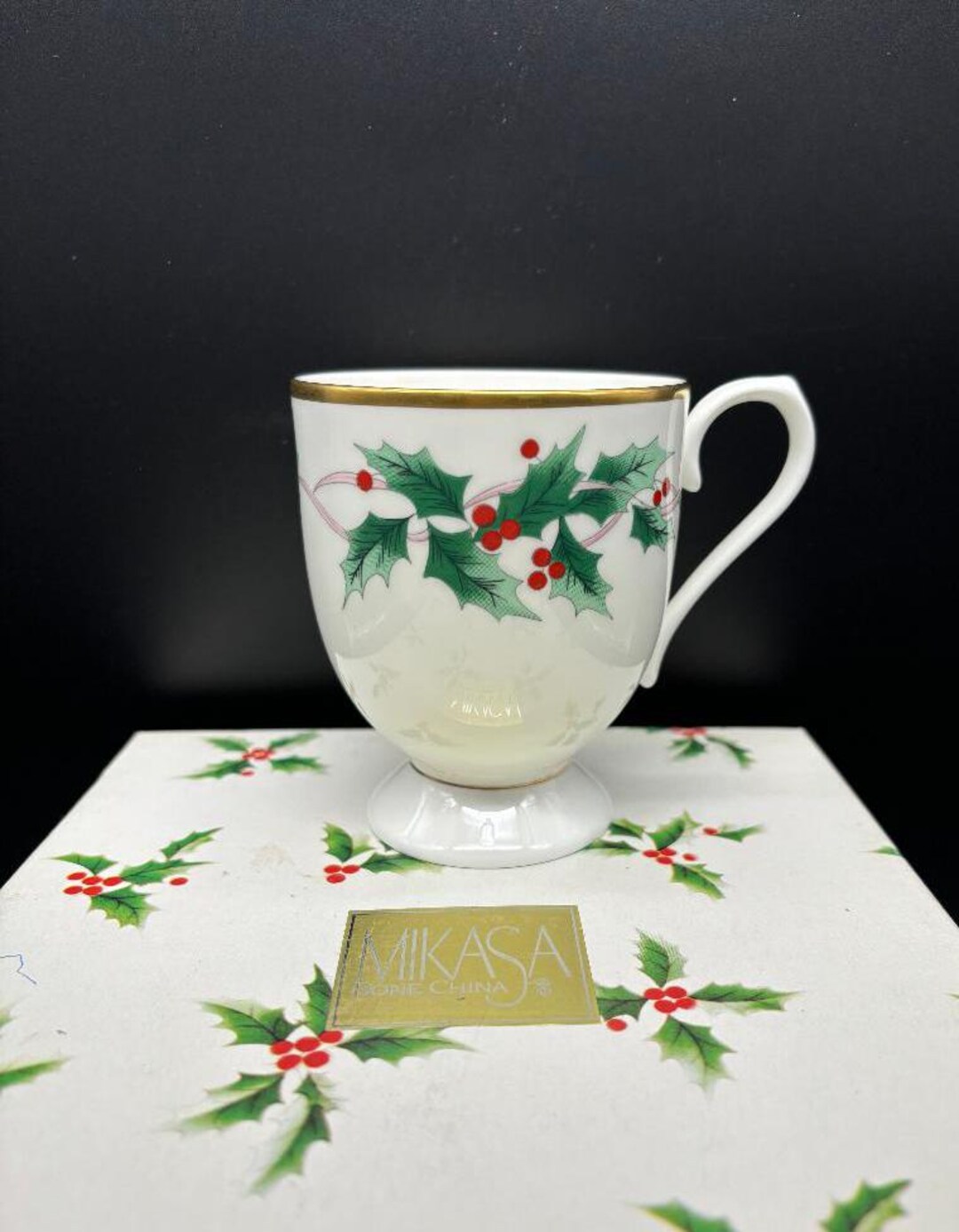 Vintage Mikasa Japan Ribbon Holly Porcelain Footed Mugs Set of 4 ...