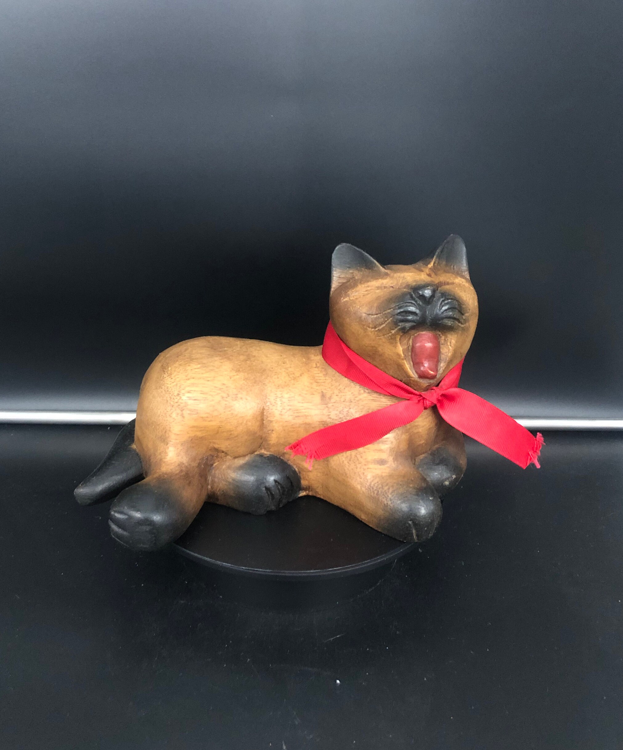 Vintage Large Hand Carved Heavy Wooden Yawning/reclining Cat Sculpture ...