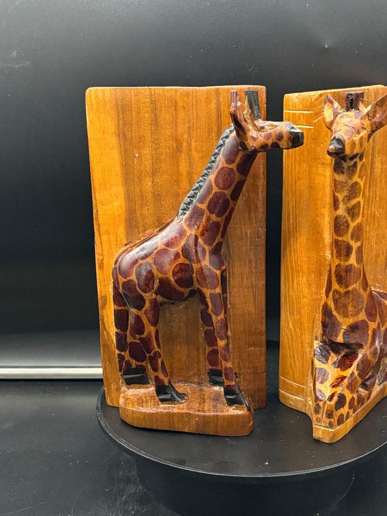 Vintage Hand Carved Heavy Hand Carved Wooden Giraffe Bookends Sculpture ...