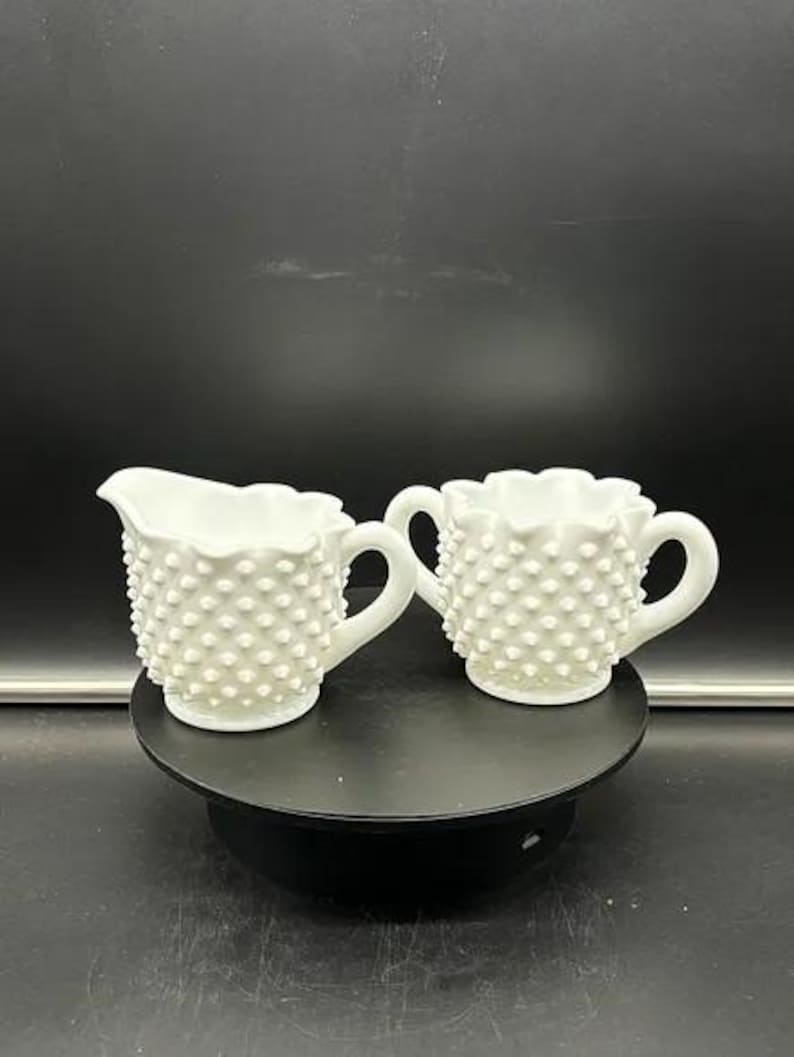 Vintage 1950's Fenton Hobnail Milk Glass Creamer Sugar Set - Etsy