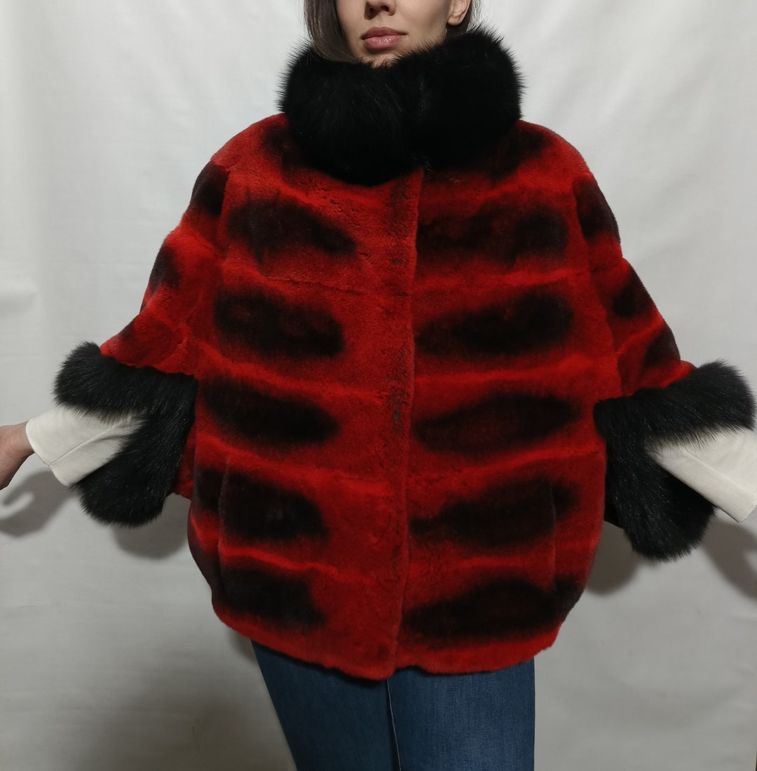 Real Full Skin Rabbit Rex Red Color, Fur Cape With Fox Collar in Black ...