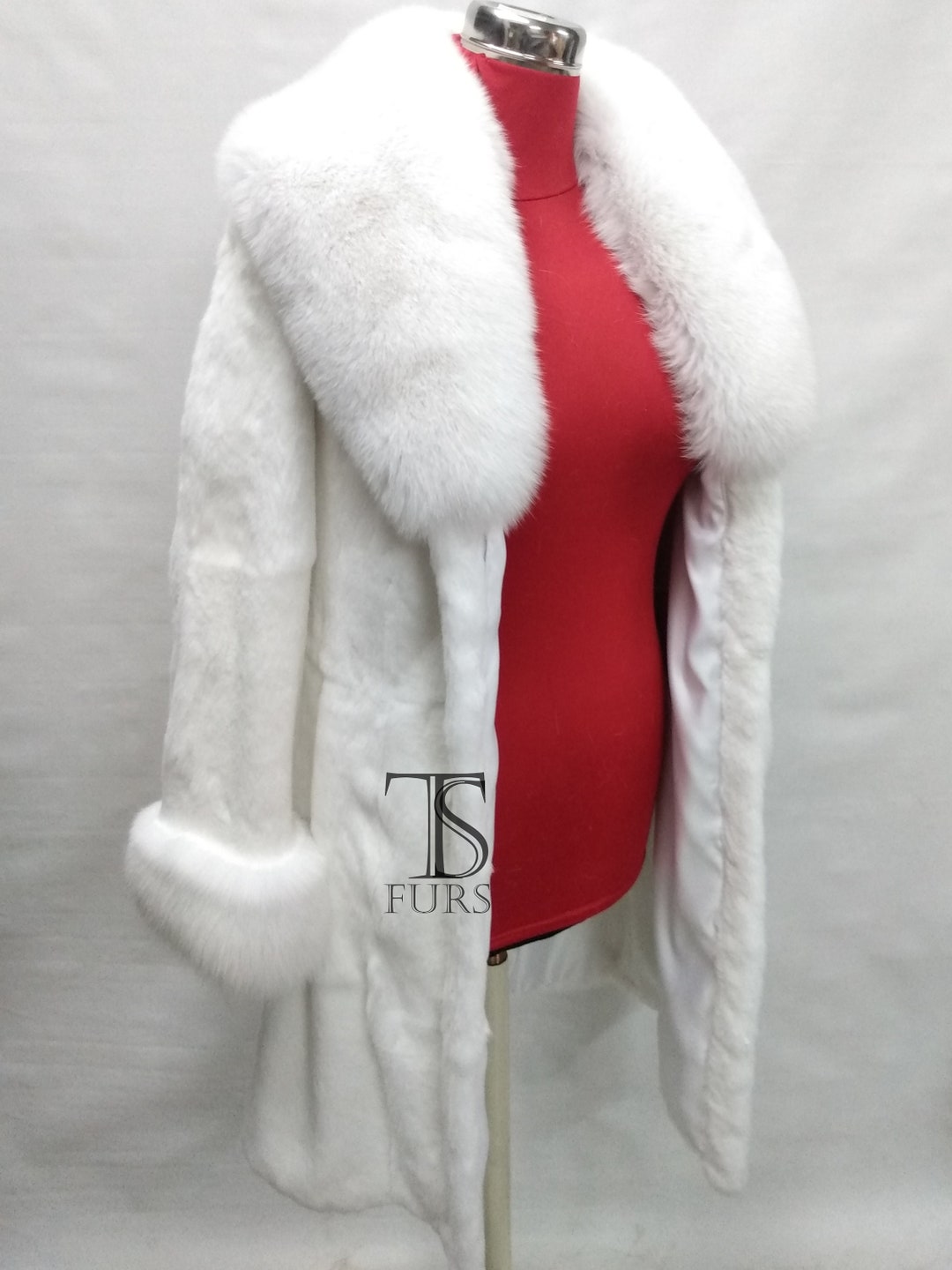 Women's Brand New Jacket. White Rex Fullskin Fur With White Fox Collar ...