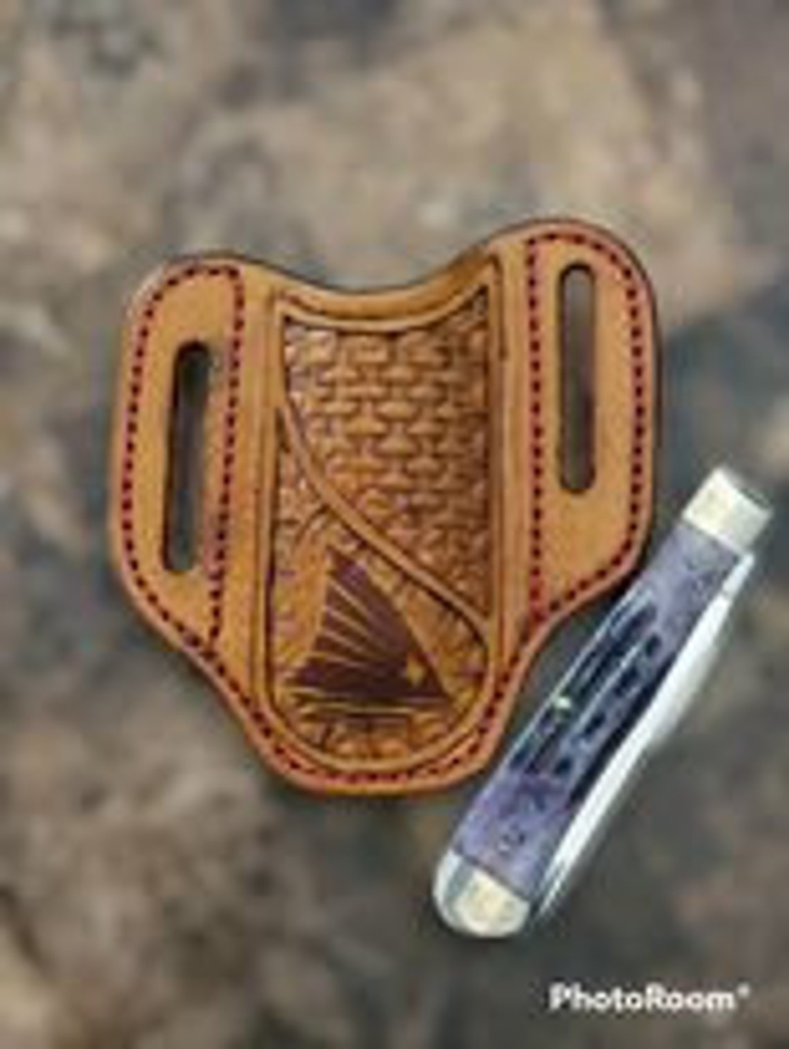 Laser Pancake Style Pocket Knife Sheath / Hand Tooled Trapper Style ...