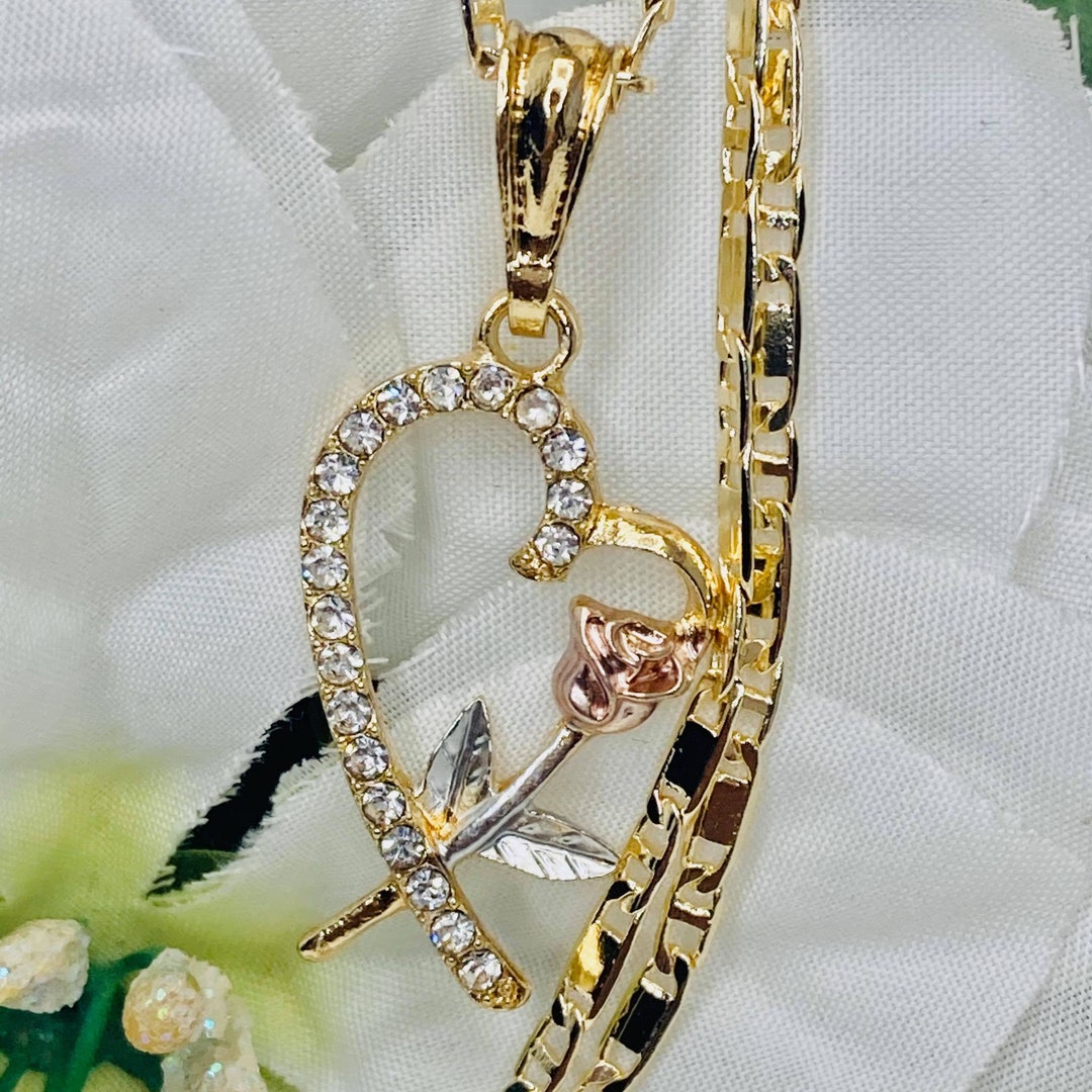 Heart With Pink Rose Flower and White Cz Pendant Necklace- Gold Plated ...