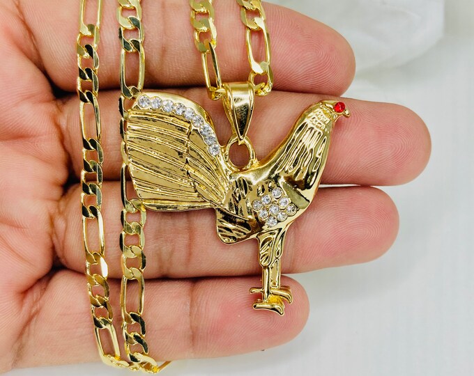 Mens Jewelry Rooster Necklace 14k Gold Plated Rooster With White ...