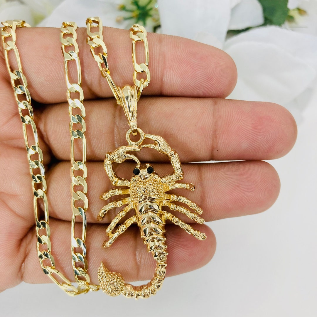 Scorpion Pendant Necklace With Figaro Chain 24, 14k Gold Plated ...