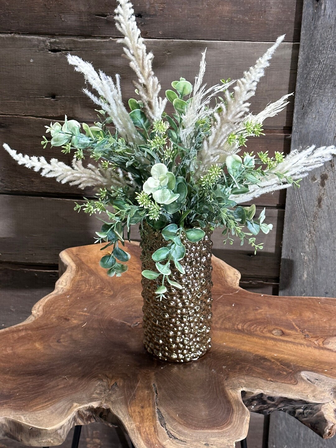 Gold Dimple Vase Eucalyptus Pampas Floral Arrangement - Etsy