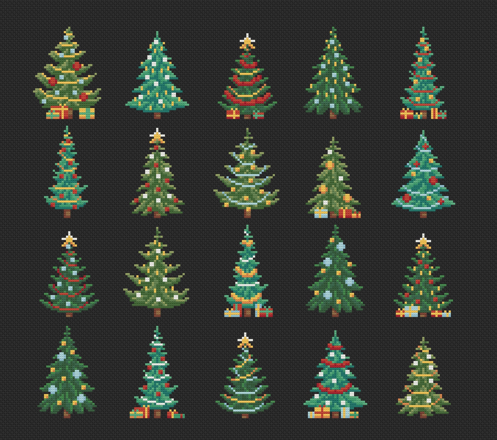 20 Tiny Cross Stitch Christmas Trees Set , Mini Star Cross Stitch ...