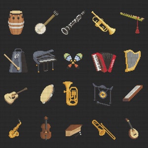 20 Musical Instruments Cross Stitch Mini Pattern Set , Tiny Cross ...