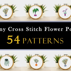 54 Tiny Cross Stitch Flower Pots , Mini Cross Stitch Plants , Small ...