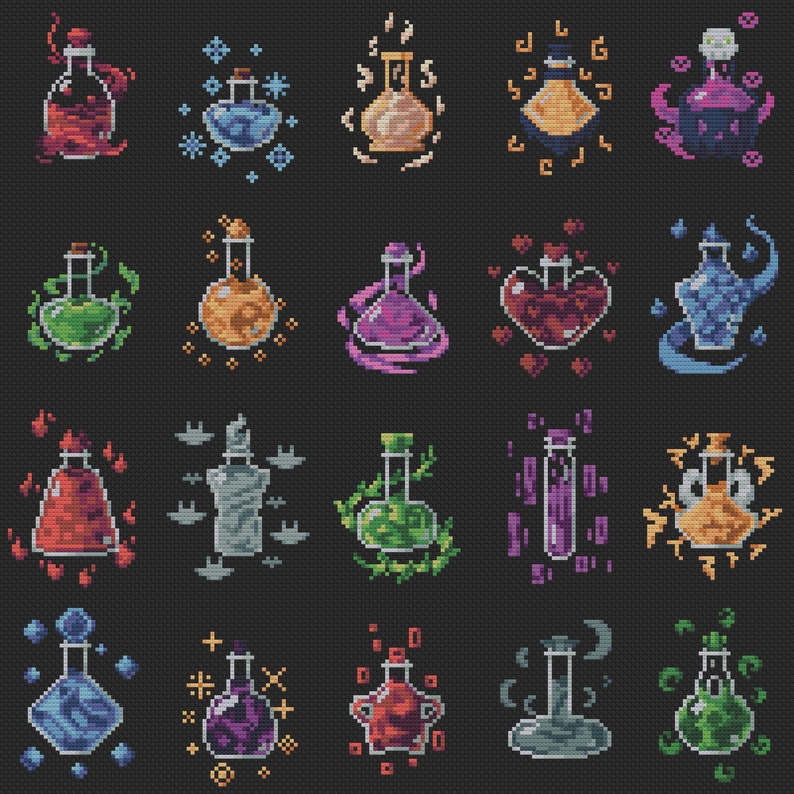 20 Tiny Cross Stitch Magic Potions Set Mini Cross Stitch RPG | Etsy