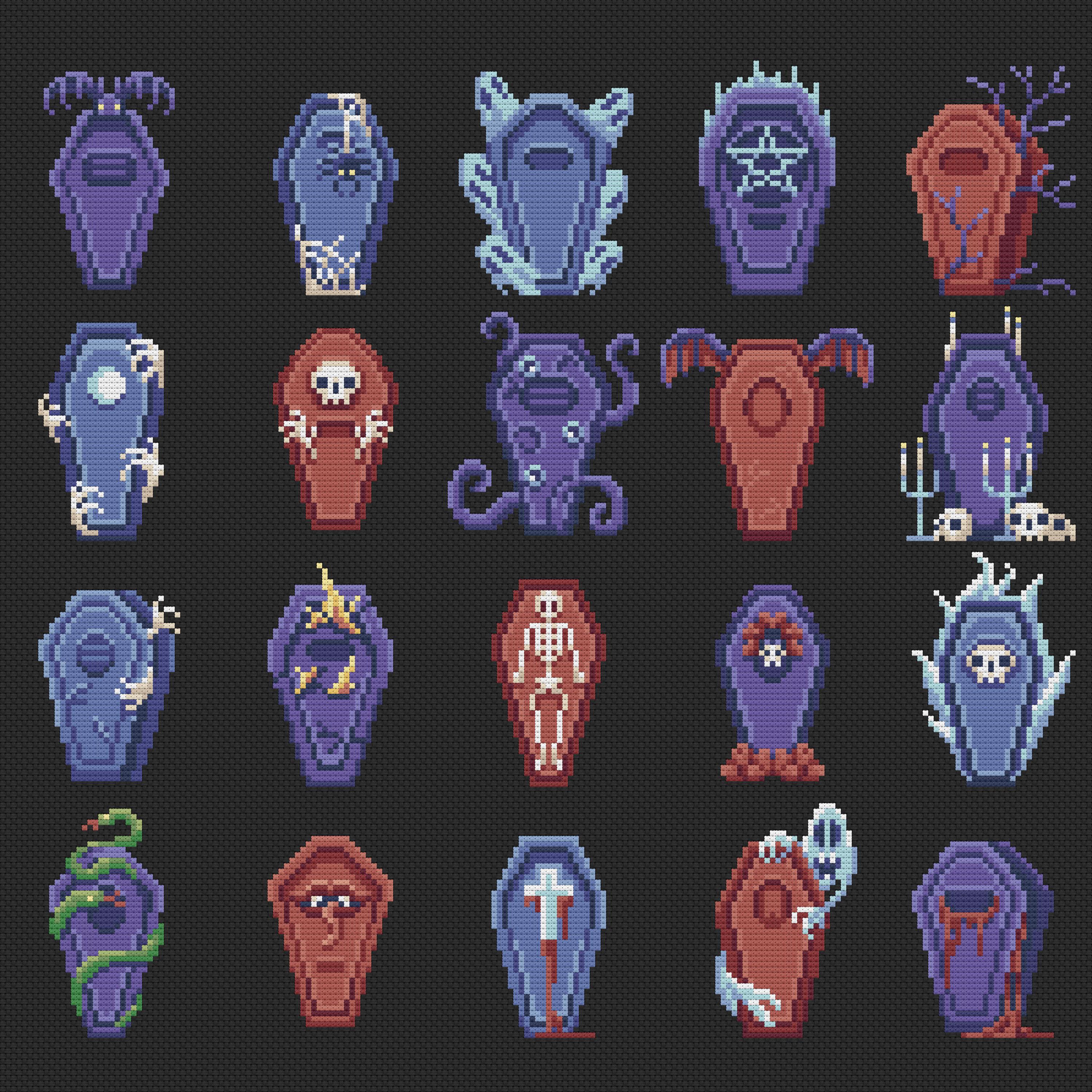 20 Tiny Cross Stitch Halloween Coffins Set , Mini Cross Stitch Gothic ...