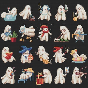 20 Tiny Cross Stitch Cute Ghosts Set , Mini Cross Stitch Halloween ...