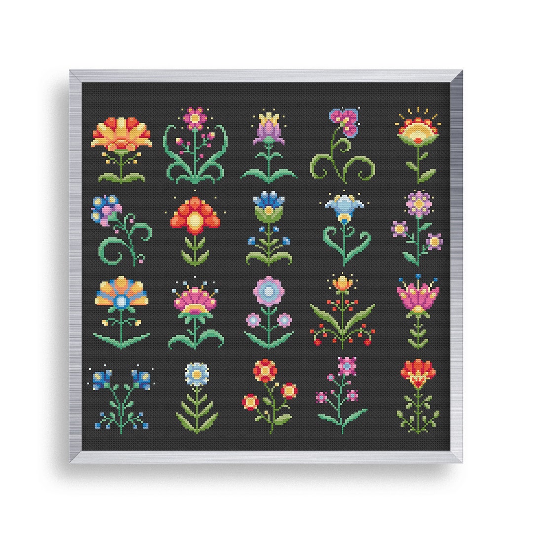 20 Tiny Cross Stitch Folk Flower Set , Mini Cross Stitch Bundle , Small ...