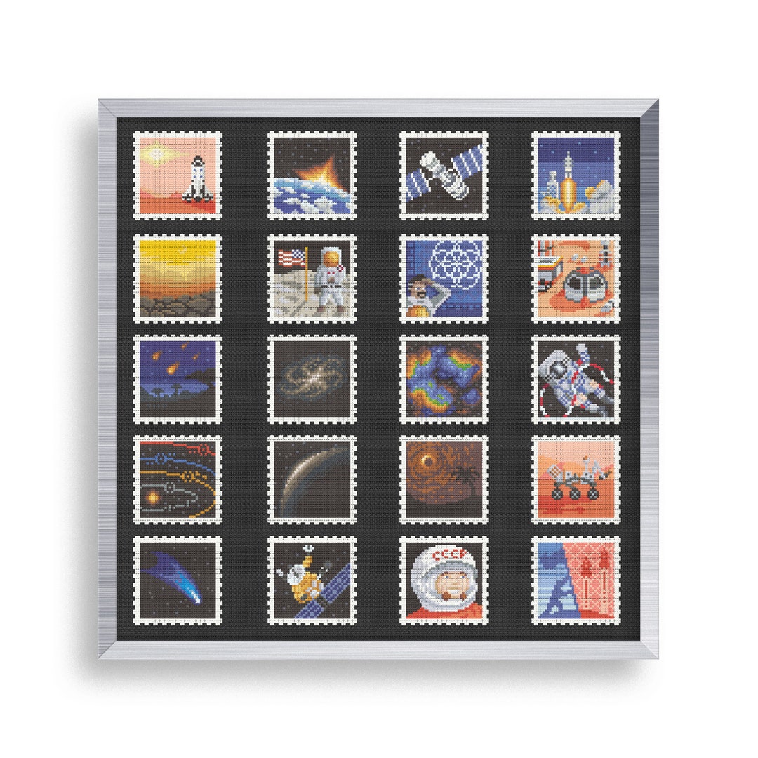 20 Tiny Cross Stitch Space Stamps Set , Mini Cross Stitch Astronauts ...