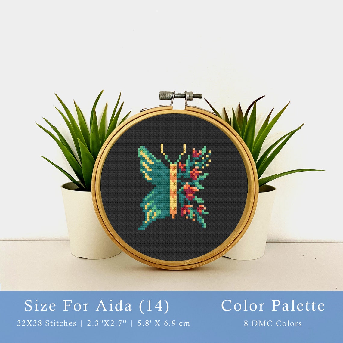 Green Flower Butterfly Tiny Cross Stitch Pattern , Mini Cross Stitch ...