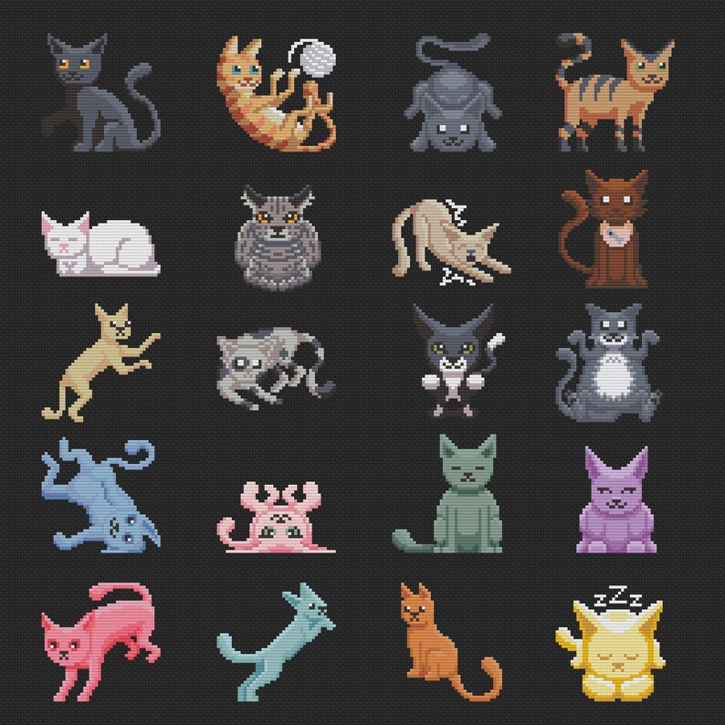 20 Tiny Cross Stitch Cats Set , Mini Cross Stitch Pet Bundle , Small ...