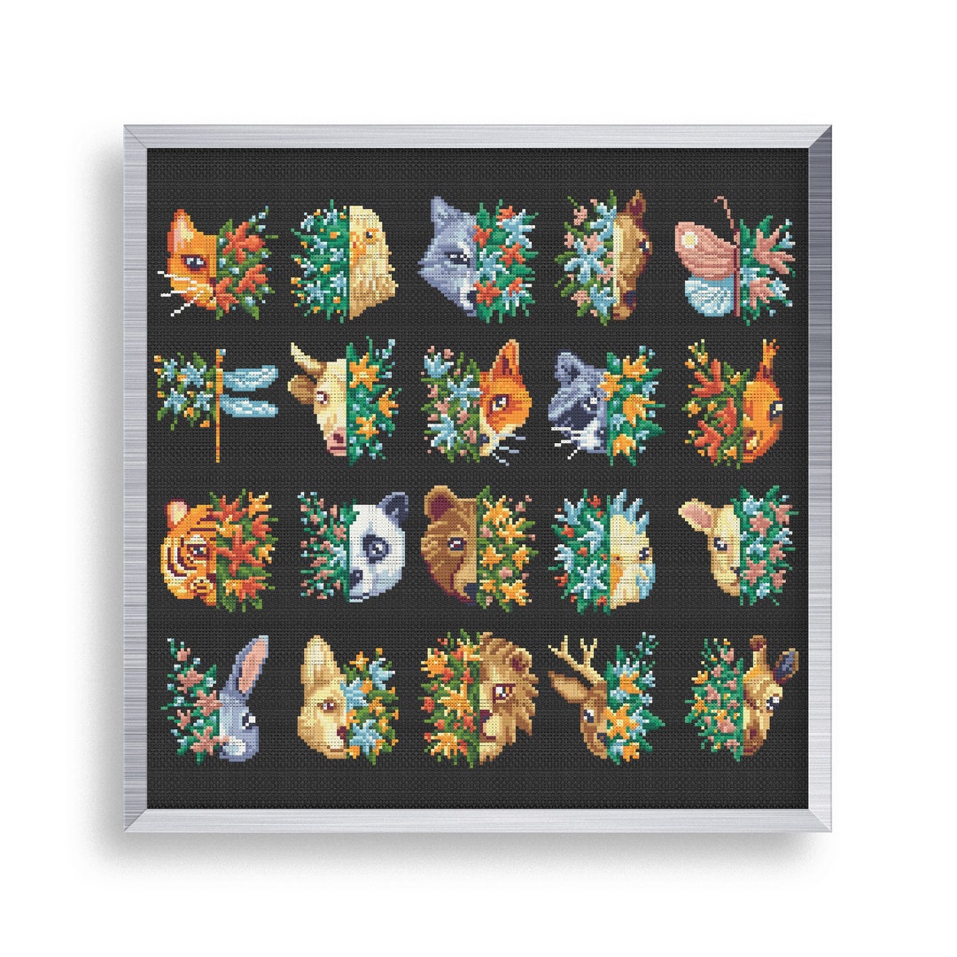 Tiny Cross Stitch Flower Animals Set , Mini Cross Stitch Lion Tiger ...