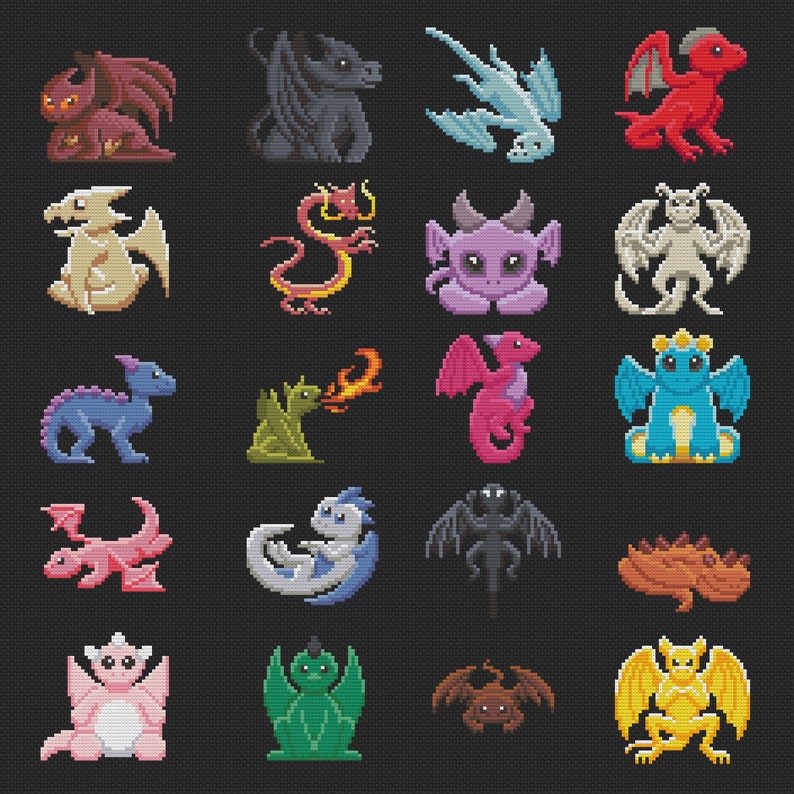 Cute Dragon Cross Stitch Pattern Set, Mini Fantasy Creatures (PDF ...