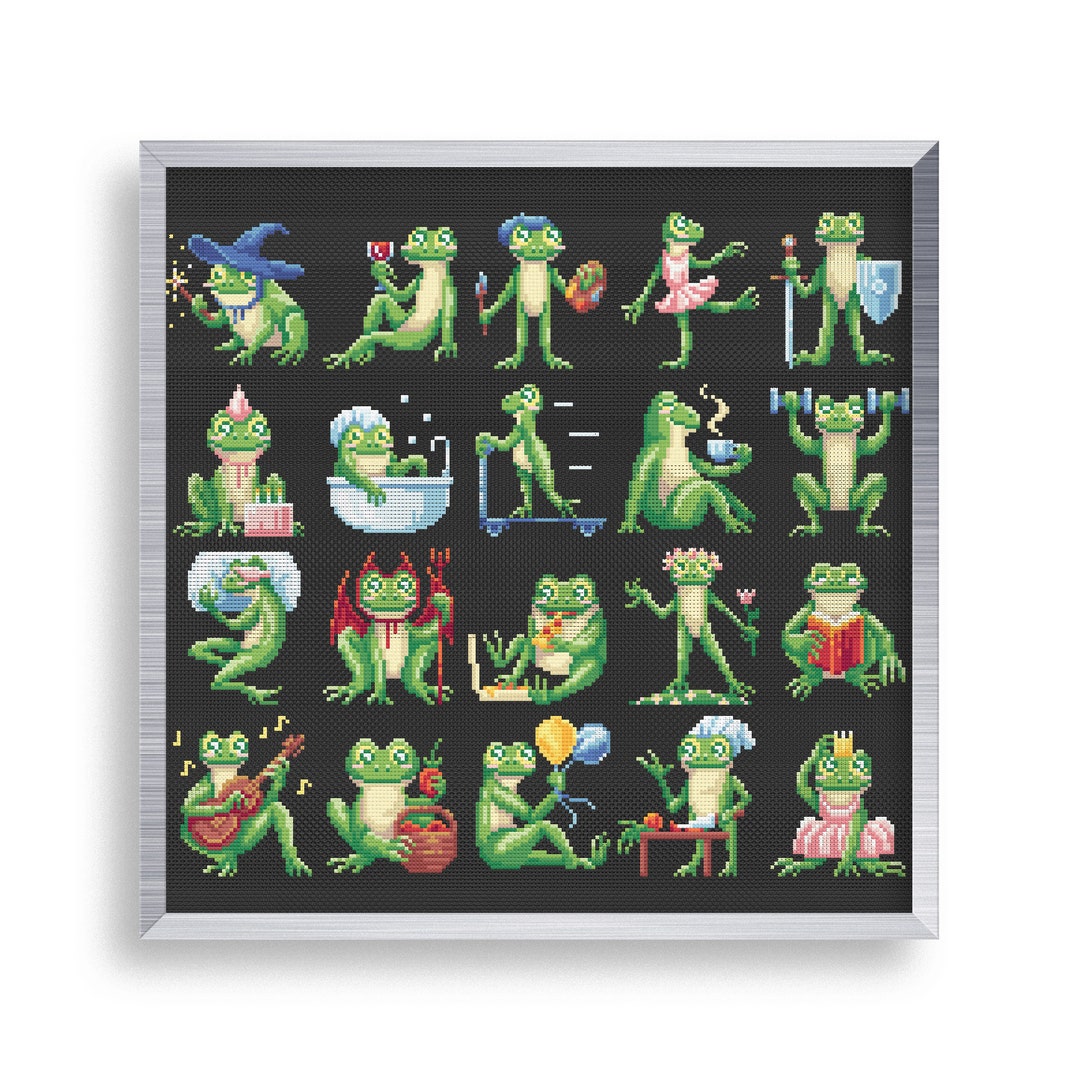 20 Tiny Cross Stitch Cute Frogs Set , Mini Cross Funny Animal Stitch ...