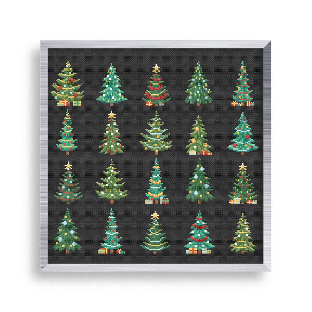 20 Tiny Cross Stitch Christmas Trees Set , Mini Star Cross Stitch ...