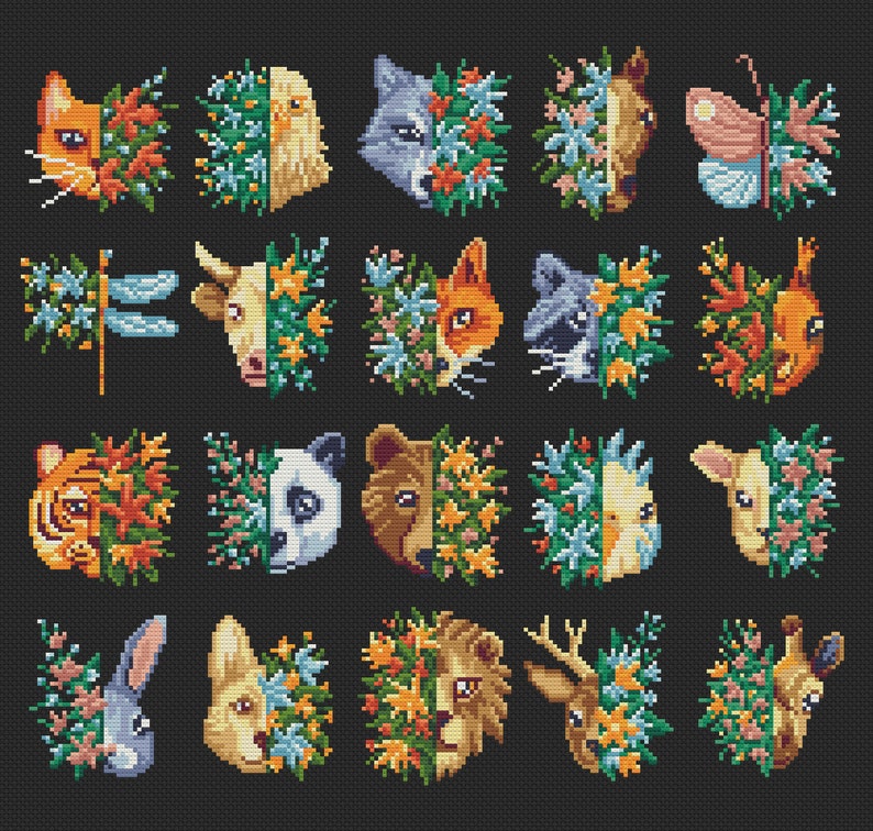 Tiny Cross Stitch Flower Animals Set , Mini Cross Stitch Lion Tiger ...