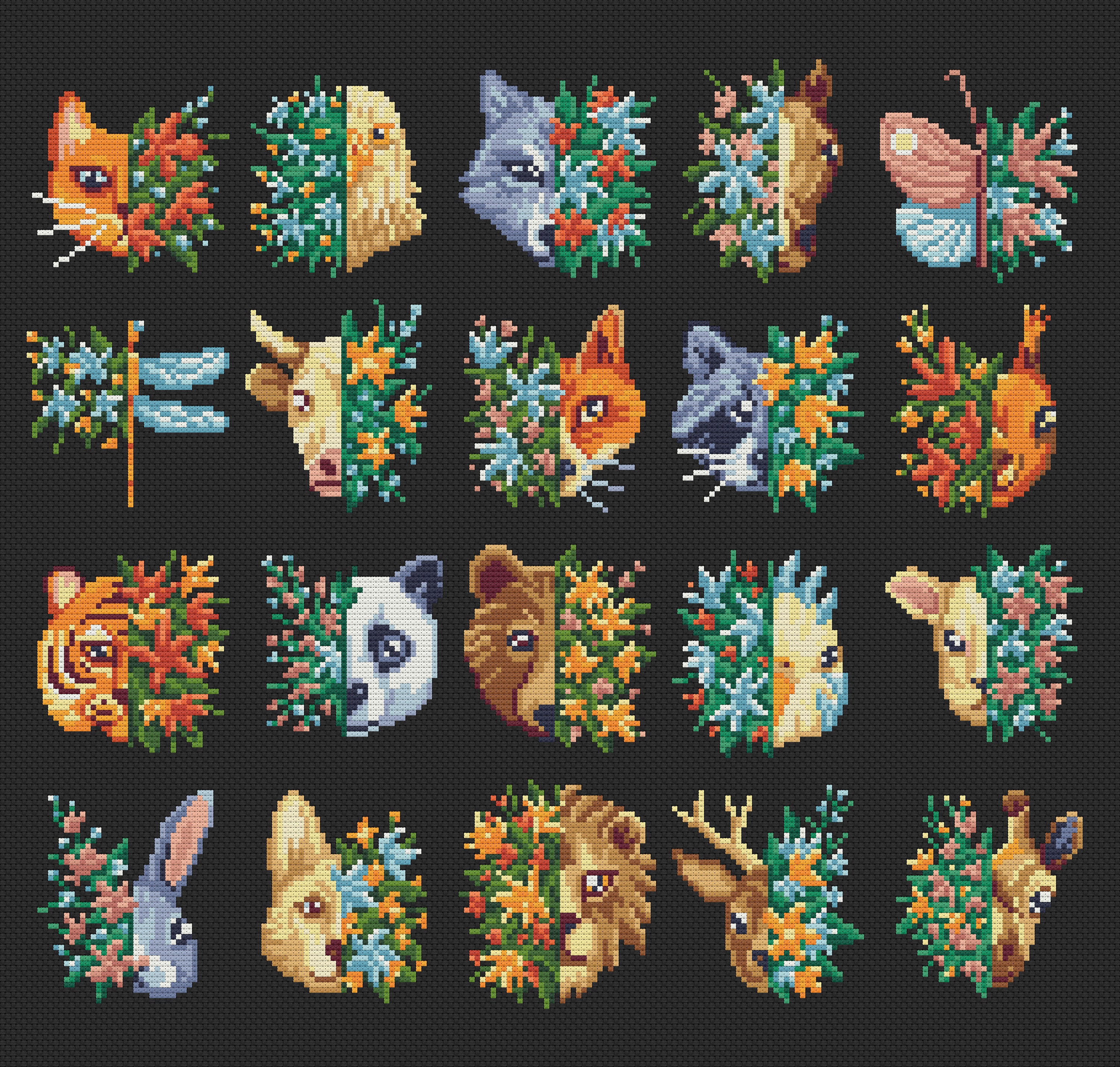 Tiny Cross Stitch Flower Animals Set , Mini Cross Stitch Lion Tiger ...