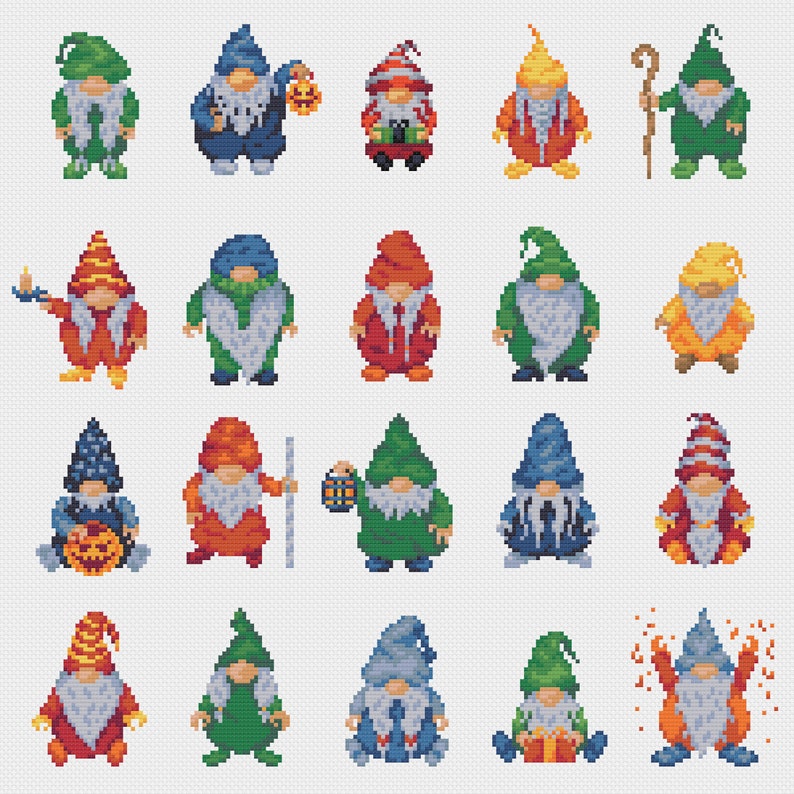 20 Tiny Cross Stitch Gnome Set Mini Cross Stitch Halloween - Etsy