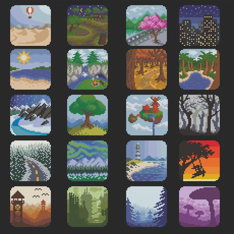 20 Tiny Cross Stitch Landscapes Set , Mini Cross Stitch Forest , Small ...