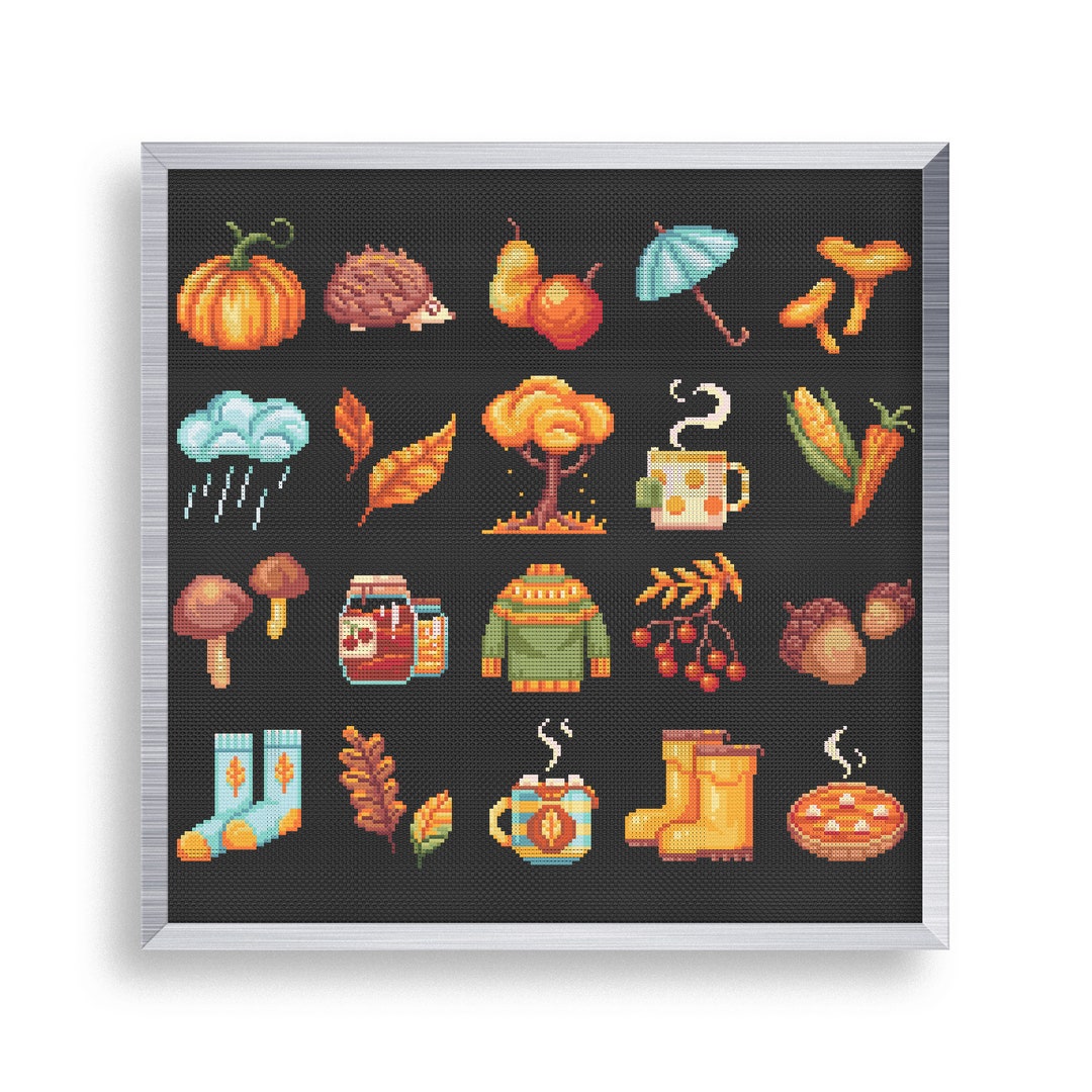 20 Tiny Cross Stitch Cute Fall Elements Set , Mini Cross Autumn Stitch ...