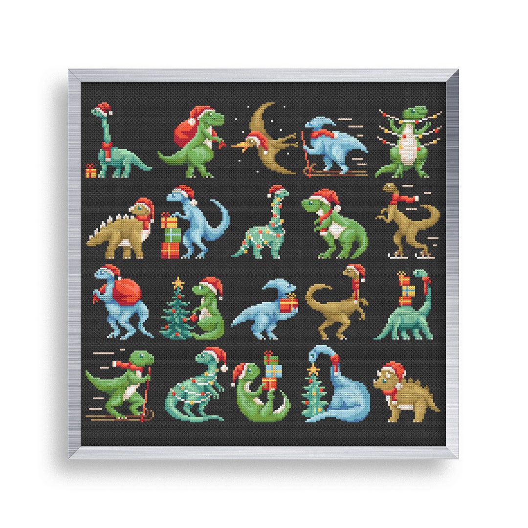 20 Christmas Cross Stitch Mini Dinos Pattern Set , Tiny Cross Stitch ...