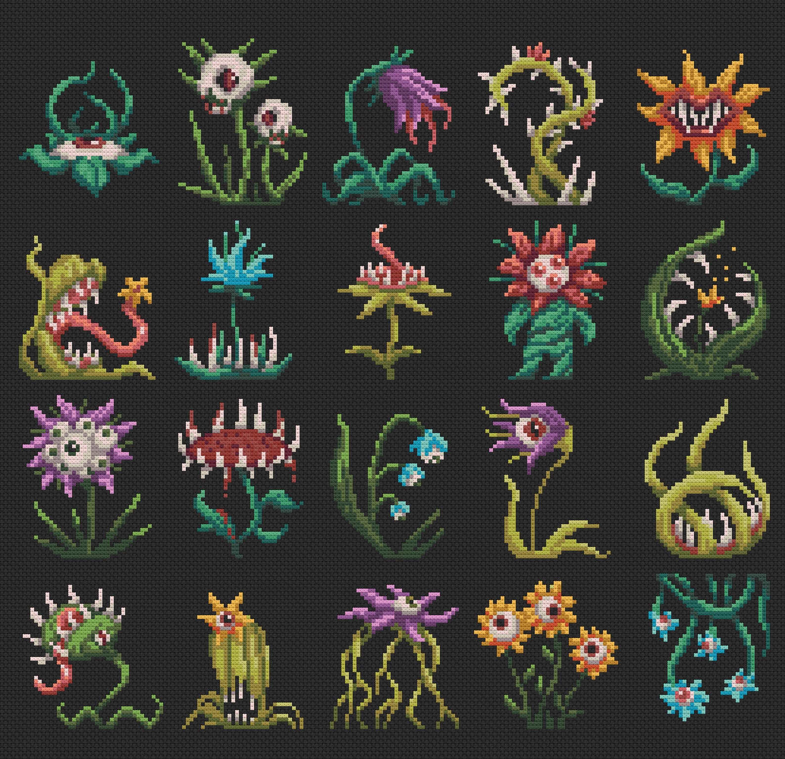 20 Flower Monsters Cross Stitch Mini Pattern Set , Tiny Cross Stitch ...