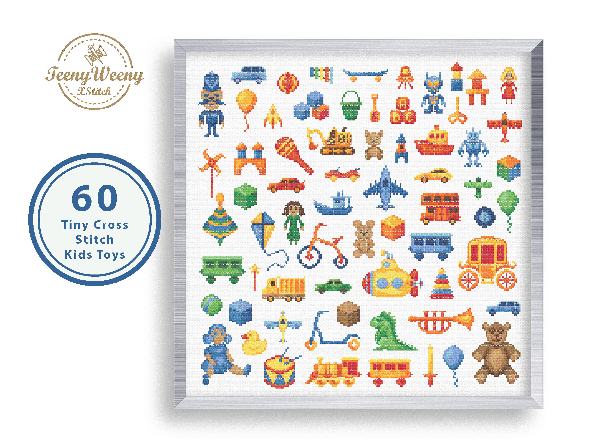 60 Tiny Cross Stitch Kids Toys Set, Mini Cross Stitch Cars, Small Dolls ...