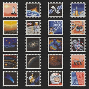 20 Tiny Cross Stitch Space Stamps Set , Mini Cross Stitch Astronauts ...