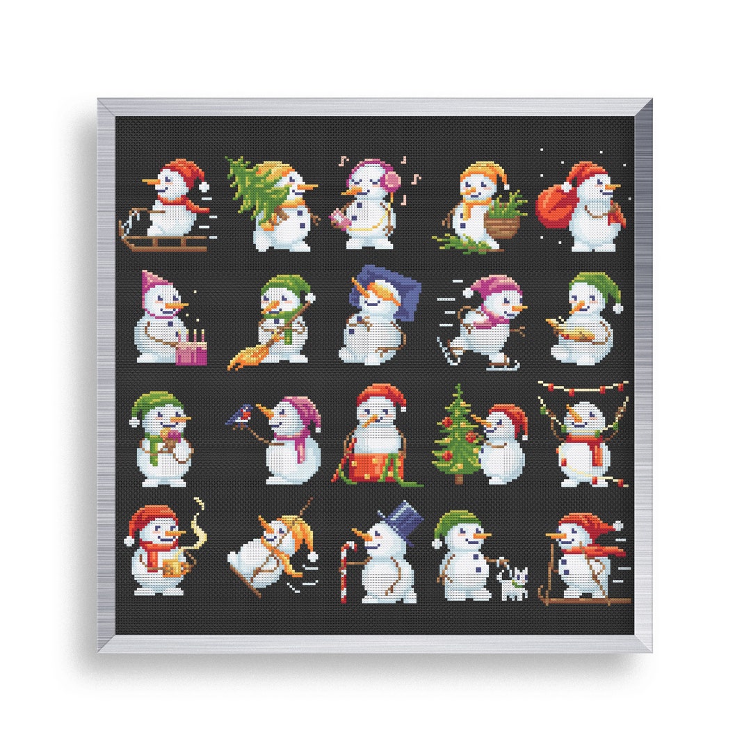 20 Christmas Cross Stitch Mini Snowmen Pattern Set , Tiny Cross Stitch ...